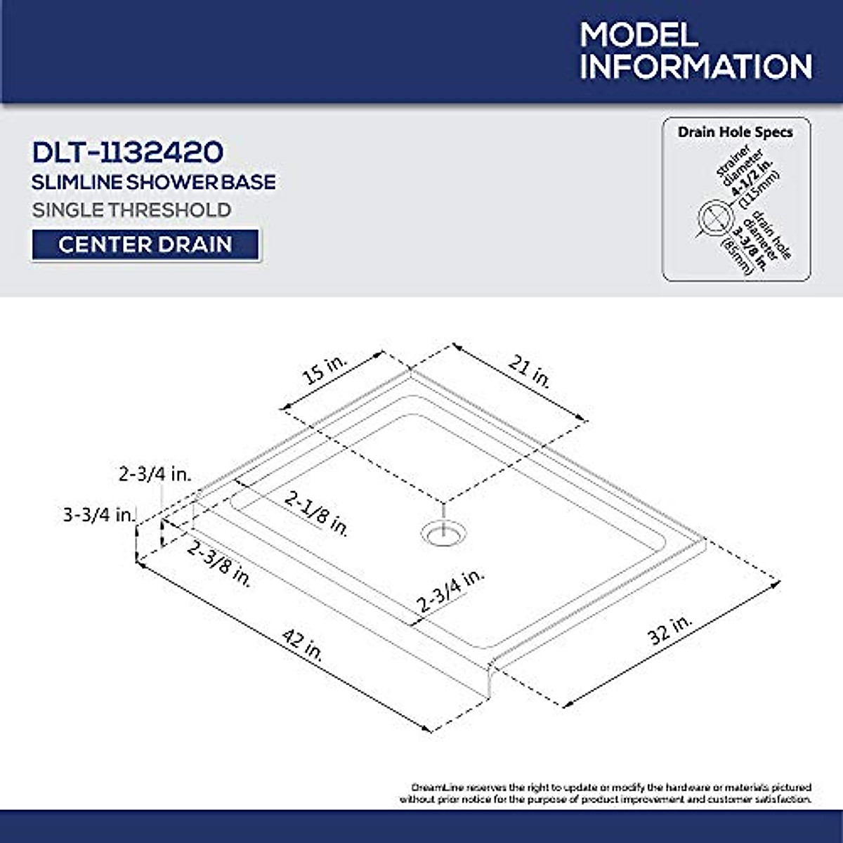 DreamLine SlimLine 32 in. D x 42 in. W x 2 3/4 in. H Center Drain Single Threshold Shower Base in White, DLT-1132420