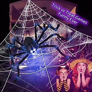 4.1FT Giant LED Halloween Spider with 24.6FT Spider Web, Light-Up Purple Eyes & Joints, Outdoor Yard Decoration with Ground Stakes & Gutter Hook, Durable & Realistic Wall Decor for Halloween Party