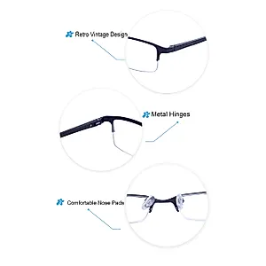 JoXiGo Blue Light Blocking Glasses for Men Vintage Half-Rim Rectangular Metal Eyewear Frame with Clear Transparent Lens UV400 with Case