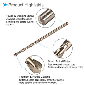 CoCud Twist Drill Bits, 2mm Cutting Edge, Titanium & Nitride Coated High Speed Steel 6542 Round Shank - (Applications: for Stainless Steel Drilling Machine), 5-Pieces