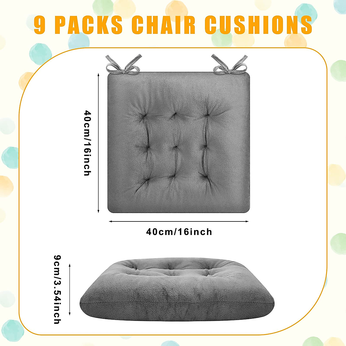 Roowest 9 Pack Seat Cushion Chair Cushions Pads with Ties Non Slip Chair Mat for Kitchen Office Dining Chairs Sofa Patio Furniture Indoor Outdoor Use, 16 x 16 Inch