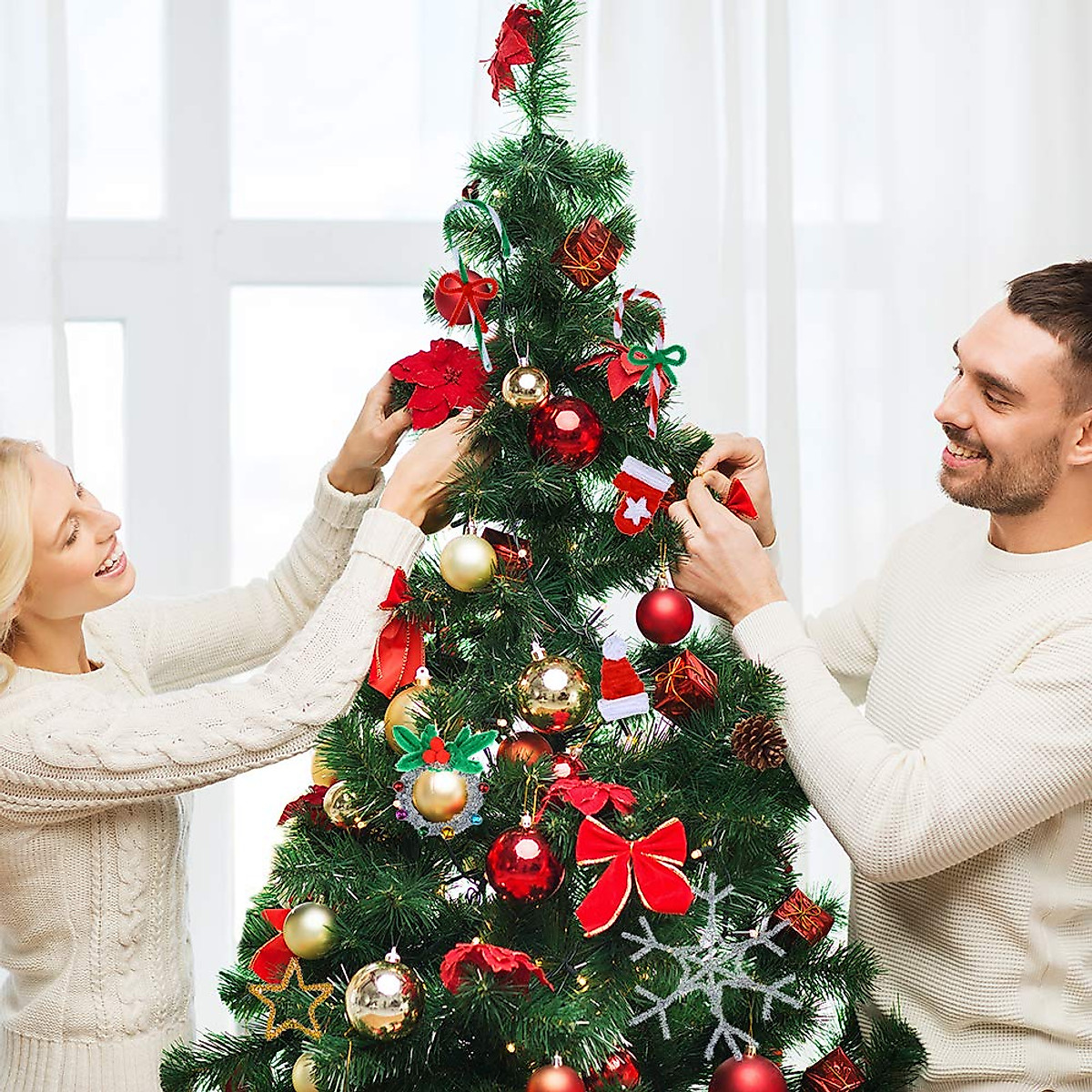 Caydo Christmas Pipe Cleaners Set, Including 120PCS Christmas Pipe Cleaners, 6 Sizes Pom Poms and 4 Sizes Wiggle Eyes for Kids DIY Arts & Crafts Projects and Christmas Decorations