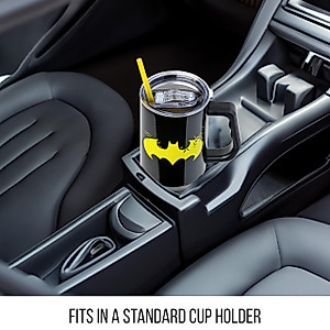Silver Buffalo DC Comics Batman Logo Stainless Steel Tumbler with Handle and Straw, Fits in Standard Cup Holder, 40 Ounces