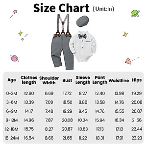 SOLOYEE Baby Boy Clothes Suits 6-9 Months Baby Boys Formal Wedding Outfits Long Sleeve Dress Shirt + Suspender Pants + Bowtie + Beret Gentleman Clothing Set (Grey, 6-9 Months)