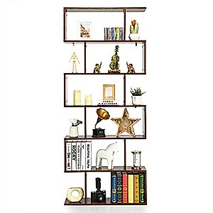 Augester 6-Tier Bookshelf, Wood S-Shaped Bookcase with Anti-toppling Device, Freestanding Display Shelf for Living Room, Bedroom, Office (Coffee)