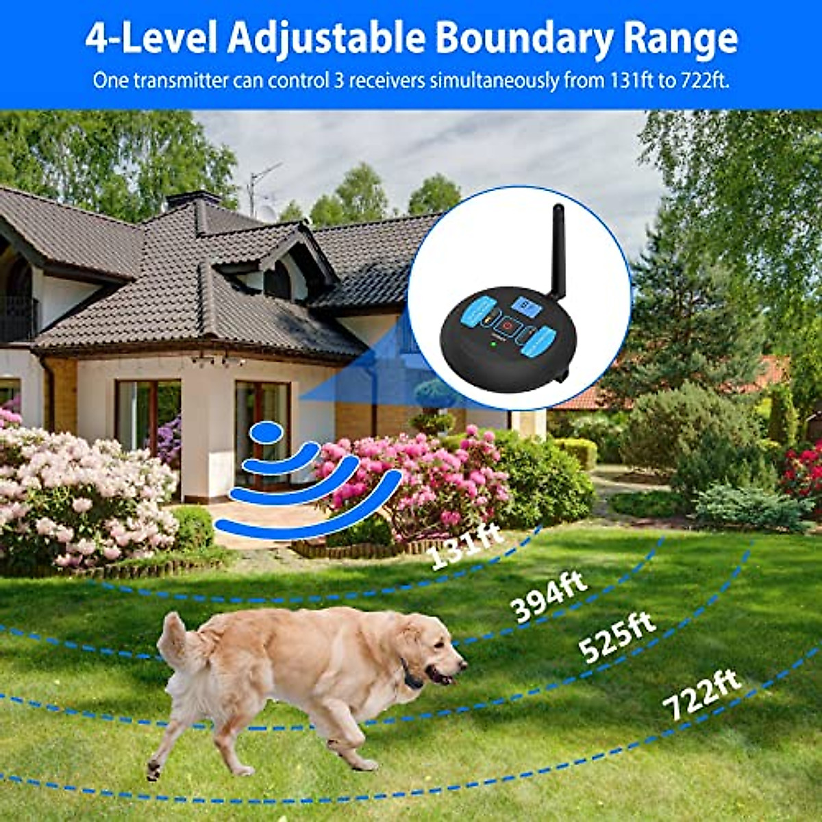 Lirioden Electric Wireless Dog Fence System Electric Fence for Dogs Containment Boundary Automatic Signal Radius Range 722ft, IPX8 Waterproof Rechargeable Tone&Shock Collar for Small Medium Large