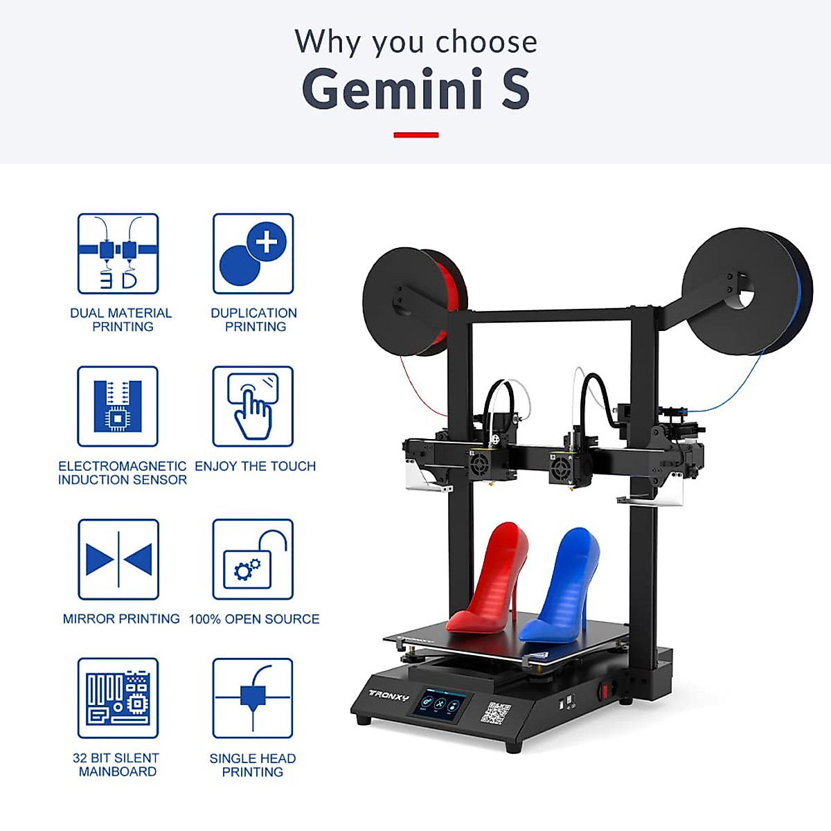 TRONXY Gemini S Dual Extruder 3D Printer，Two Color 3D Printers， Eight Languages + Four Printing Modes, Extruder Printering Flexible Filament 1.75mm, Print Size 300×300×390mm