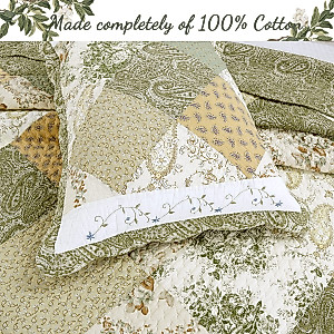 Cozy Line Home Fashions Floral Real Patchwork Green Beige Khaki Yellow Scalloped Edge Country 100% Cotton Quilt Bedding Set, Reversible Coverlet Bedspread (Laura, Twin - 2 Piece)