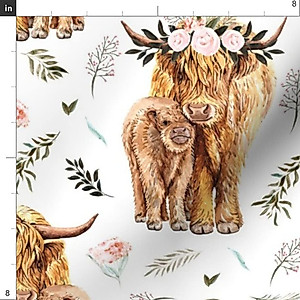 Spoonflower Fabric - Pink Spring Highland Cow Floral Calf Scottish Printed on Petal Signature Cotton Fabric Fat Quarter - Sewing Quilting Apparel Crafts Decor