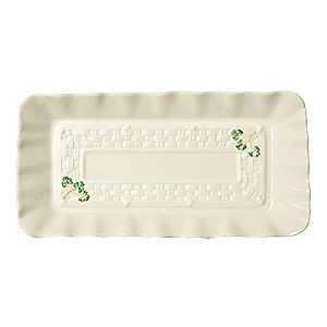 Belleek Classic Pottery White Tray with Painted Green Shamrocks 12.6 Inch
