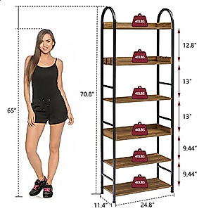 SPOWAY 6 Tiers Bookshelf, 70.8" Tall Bookcase with Round Top, Industrial Book Rack Display Shelves Organizer with Metal Frame for Living Room, Office, Bedroom (Wood Color)