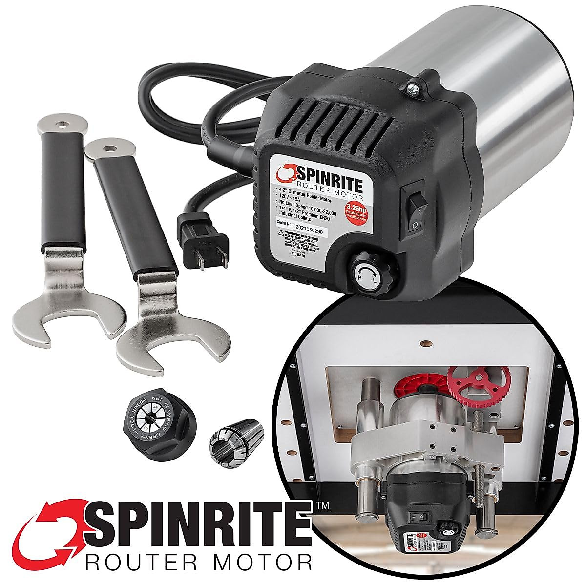 SpinRite Router Motor for Router Lifts and CNC, 2.25HP, Soft Start, Variable Speed, Easy Mount 3.5" Body, Includes Pair of ER20 Collets (1/2" & 1/4"), Collet Nut, Offset Wrench Set