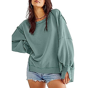 Beaully Women’s Oversized Contrast Patchwork Sweatshirt Casual Side Split High Low Hem Boyfriend Pullover Tops Streetwear 6088 Grey Blue Medium