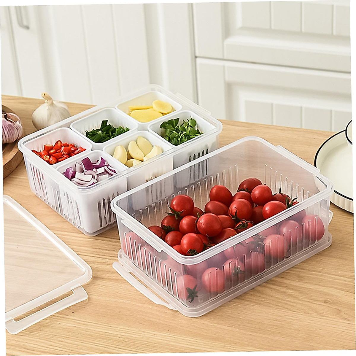 CurcKua Fridge Storage Containers Kitchen Scallion Storage Box 6-in-1 Snackle Box Container with Lid Plastic Reusable Fridge Vegie Fruit Food Fresh-Keeping Drain Box.