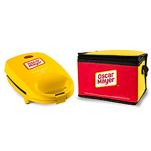 Nostalgia Oscar Mayer Sandwich Maker with Beverage Cooler Bag, 5-Inch Nonstick Cooking Surface with Indicator Lights and Lock Feature, Lunch and Beverage Tote Included, Yellow
