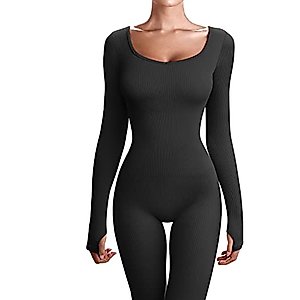 OQQ Women's Yoga Ribbed One Piece Long Sleeve Workout JumpSuit, Black, Large
