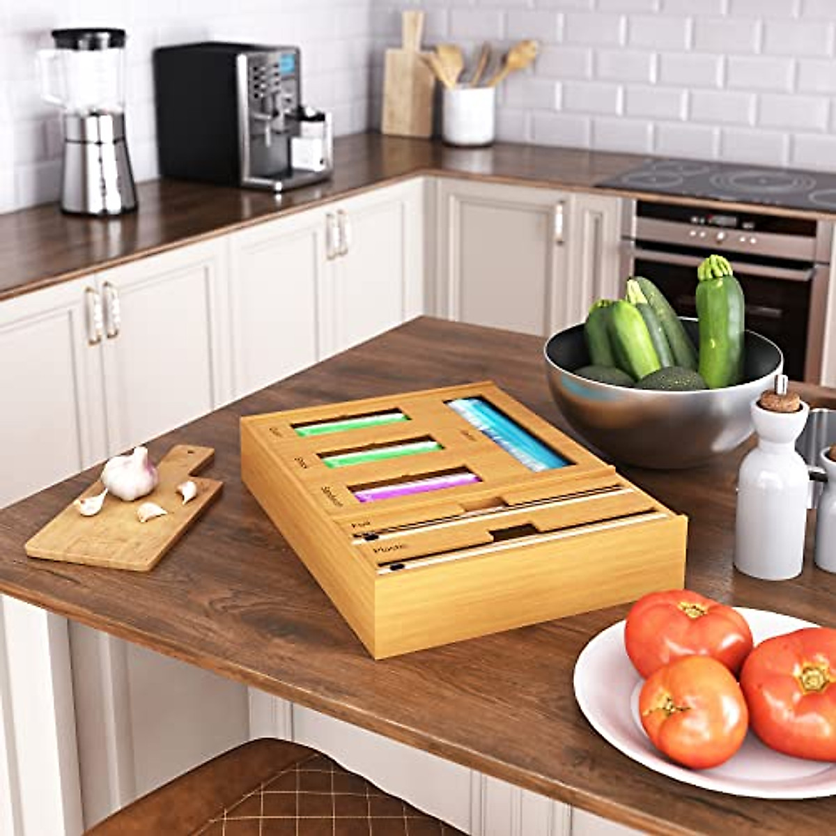 Home Deko BayMax Bamboo 3 in 1 Ziplock Bag Foil and Plastic Wrap Organizer with Cutter for Kitchen Drawer Countertop- Giant Aluminum Saran Dispenser, Large Gallon Snack Bags Storage, Tin Holder