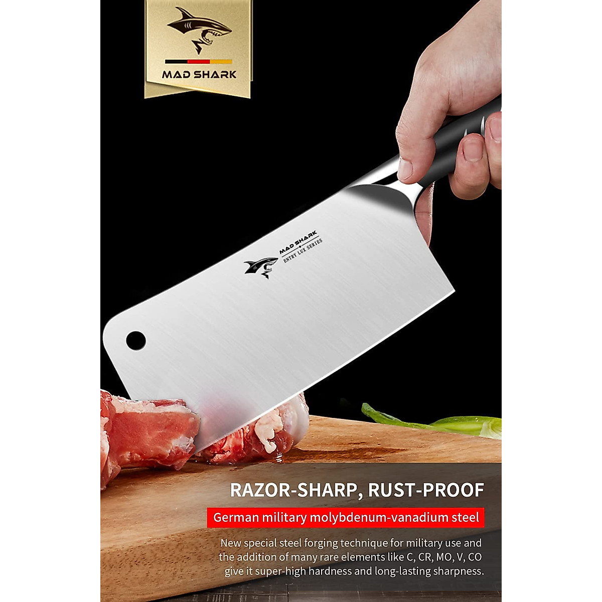 MAD SHARK Meat Cleaver Knife, German Stainless Steel Professional Butcher Chopper 7.5 Inch, Stainless Steel Handle, Heavy Duty Blade for Home Kitchen and Restaurant