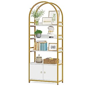 LITTLE TREE 75.9 Inch Arched Bookshelf Etagere Bookcase with Cabinet Door for Living Room