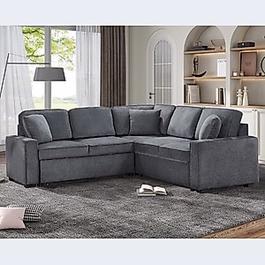 THSUPER 82'' Chenille L-Shaped Sleeper Sectional Sofa with Pull-Out Bed & Reversible Convertible Feature for Living Room, 5-Seater with 3 Pillows Included. Dark Grey