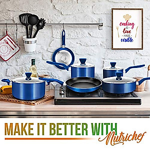 NutriChef 13 Pcs. Nonstick Kitchen Cookware PTFE/PFOA/PFOS-Free Heat Resistant Kitchenware Set w/Saucepan, Frying Pans, Cooking Pots, Casserole, Lids, & Utensils, Blue NCCWA13BU