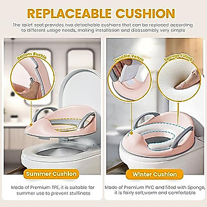 Orzbow Potty Training Toilet Seat for Boys and Girls with Handles & Detachable Soft Cushion, Kids Travel Potty Seat with Anti-Slip Design & Splash Guard, Includes Free Storage Hook,Toilet Brush, Pink