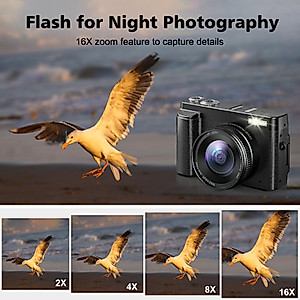 4K Digital Camera with Flash, 48MP Camera for Photography Teens Adults Autofocus Vlogging and YouTube Cameras with Flip Screen, Anti-Shake, 16X Digital Zoom, 32GB Card, Two Batteries, Lanyard