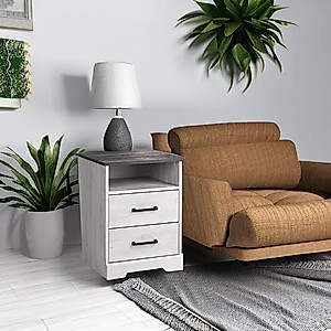 Prepac Rustic Ridge Farmhouse Bedroom Nightstand with 2 Drawers and an Open Cubby, Wooden Bedside Table for Bedroom, Office, or Living Room, 16.25in x 18.75in x 24.5in, Washed White
