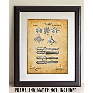 Gatling Machine Gun Patent Print - 11x14 Unframed Patent Print Gun Pictures for Wall - Man Cave Gun Poster Decor - Gift Under $20 for Gun Owners and Firearms Enthusiasts
