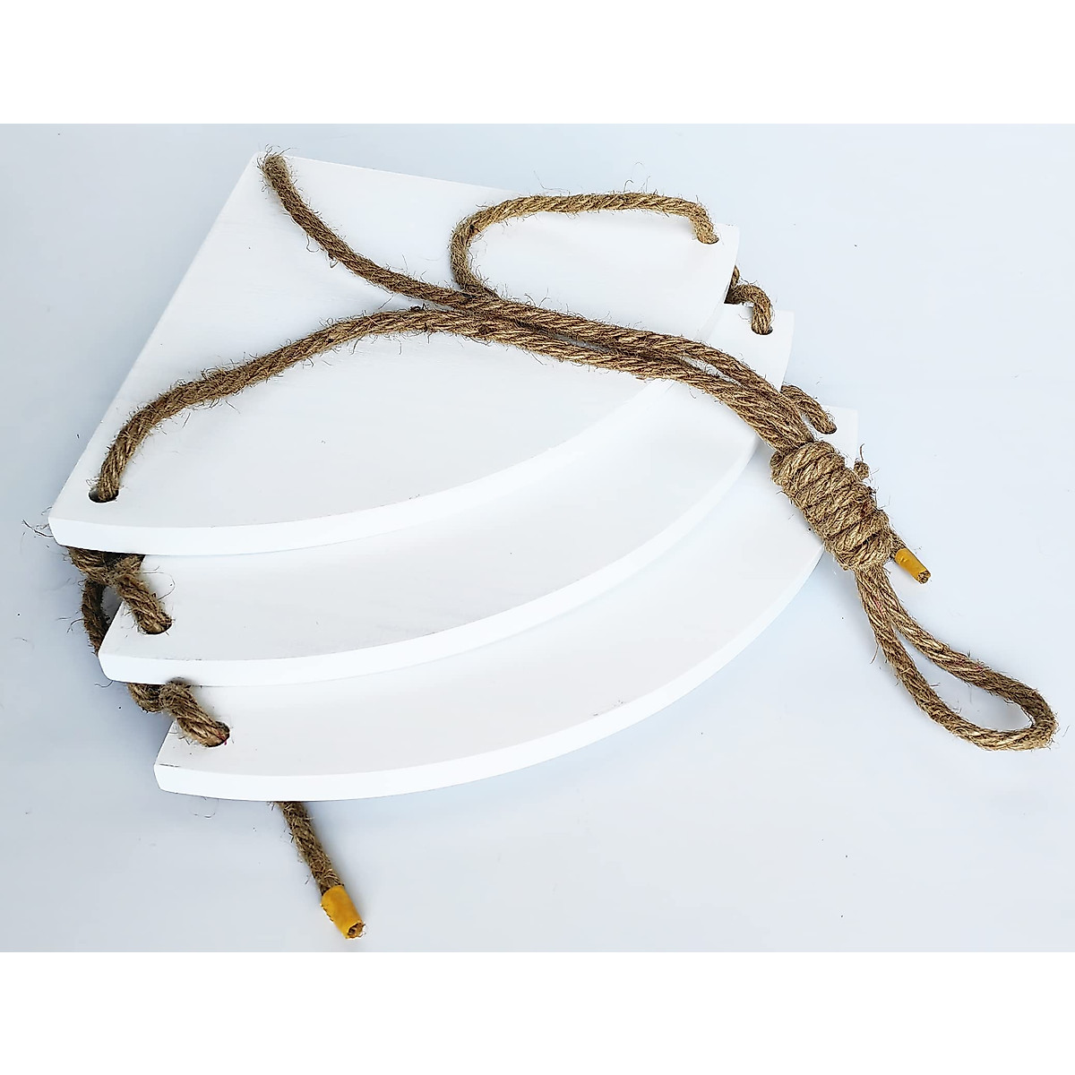 Tirzah 3-Tier Hanging Wall Corner Shelf with Rope, 9 inches White Real Wood Circular Sector Floating Shelf for Home Decor, Kitchen Organizer