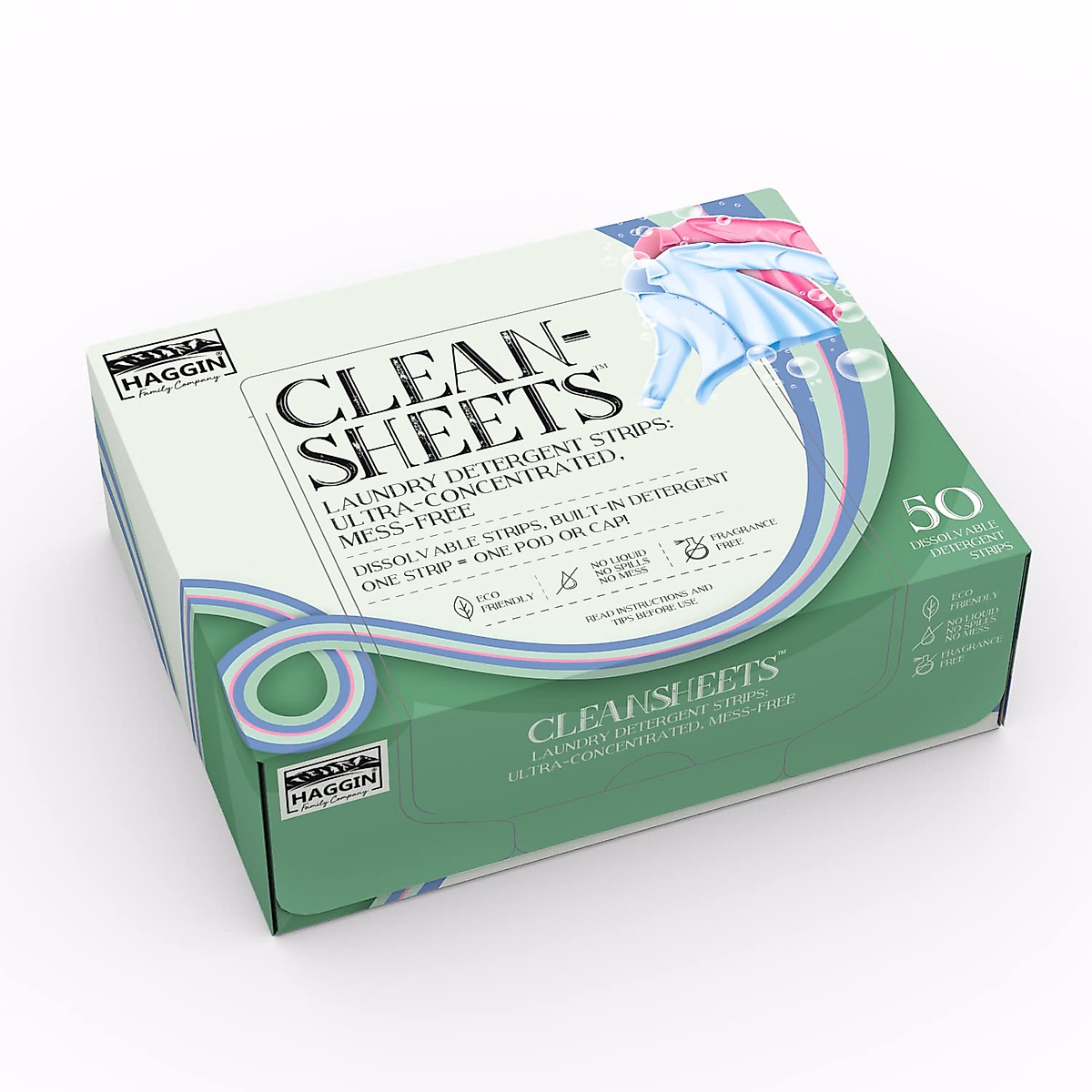 Haggin® CleanSheets Laundry Detergent Strips, 50 Value Pack | Ultra-concentrated | Mess-free | Fragrance-free | Bleach-free