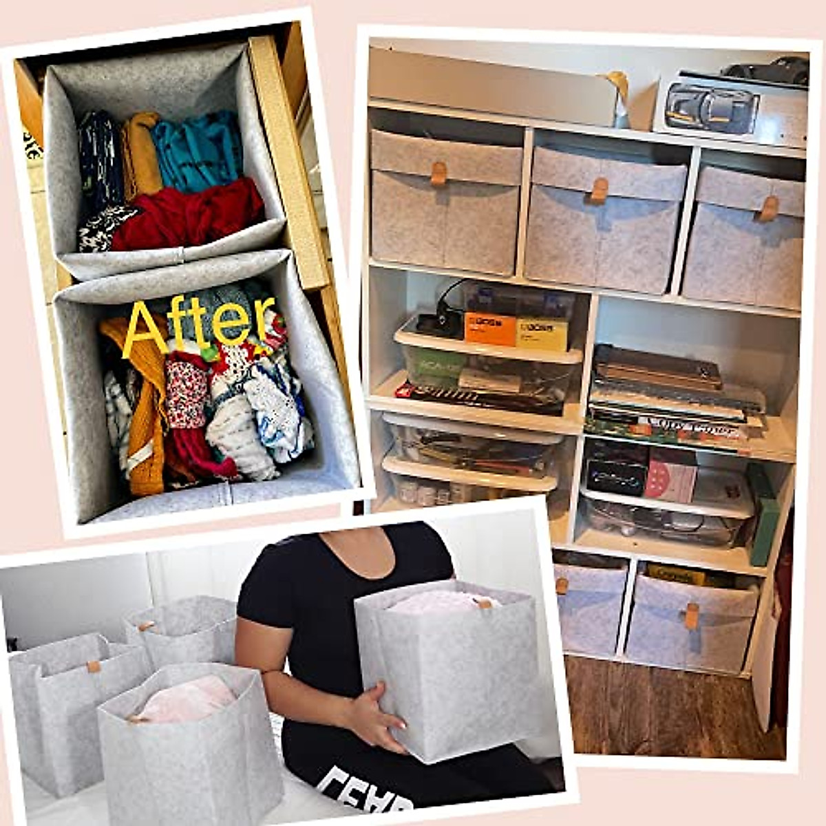 MILILOVE 3Pcs Felt Storage Basket 9x9.2x10.2" Cube, Fabric Cloth Storage Bin, Collapsible Organizer Basket with Handle for Cloth Toys Fordable Cloth Bin for Bedroom Playroom Office