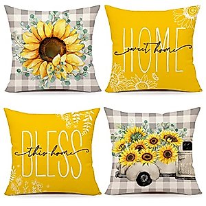 Spring Summer Pillow Covers 18x18 Set of 4 Sunflower Decorations for Farmhouse Pillows Home Sweet Home Bless This Home Decorative Throw Pillows Yellow Gray Throw Cushion Case for Home Decor TH169