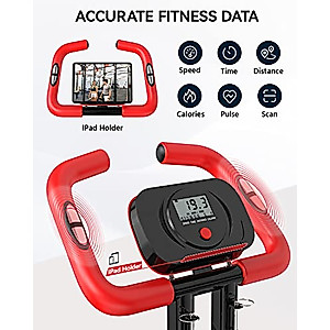 pooboo Folding Exercise Bike, Foldable Fitness Stationary Bike Machine, Upright Indoor Cycling Bike, 4-in-1 Magnetic X-Bike with 8-Level Adjustable Resistance, Bottle Holder, Arm Resistance Bands, Pulse Sensor & Back Support Cushion for Home Gym Workout (