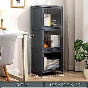IOTXY Small Narrow Shelf Bookcase - 3-Tier Bamboo Corner Bookshelf with Moru Acrylic Doors, Freestanding Tall Skinny Storage Organizer Rack, for Living Room, Kitchen, Bedroom, Gray, 15.7" W