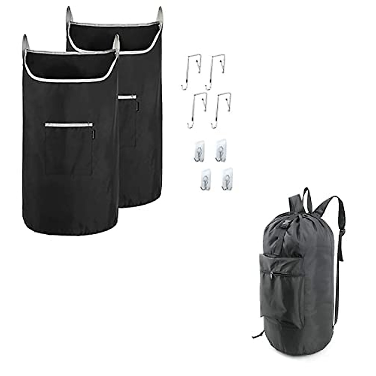 BeeGreen 2 Pack Black Hanging Laundry Hamper Bag X-Large Over The Door Hanging Laundry Bag with 2 Different Hook Types and Laundry Bag Backpack with Adjustable Shoulder Straps