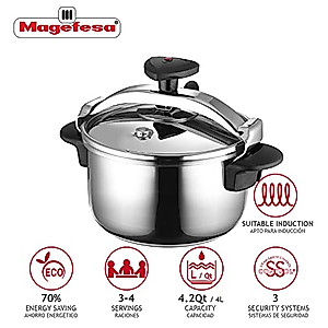 MAGEFESA Star Quick Easy To Use Pressure Cooker, 18/10 Stainless Steel, Suitable for induction. Thermodiffusion bottom, 3 Security Systems (4 QUART)