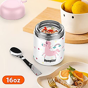 HongiJar Insulated Food Jar, 16oz Thermos Lunch Container 8 Hours Hot Leak Proof Bento Box with Foldable Spoon, Double Wall Vacuum Stainless Steel Thermal Storage for Kids Girls Boys Adults