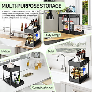 Kitchen Multi-Purpose Sink Organiser, Under Drawer Organiser, Under Sink Storage, 2 Tier Under Cabinet Organiser with Hooks and Cups, Cupboards, Bathrooms and Kitchens, Black