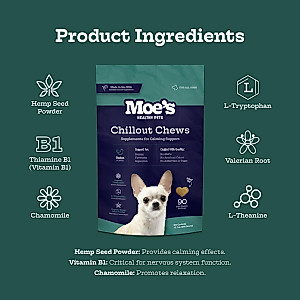 Moe’s Hemp Calming Chews for Dogs - Helps Aid with Storms, Fireworks, Chewing, Barking, Travel, Stress, Anxiety & Separation Anxiety - Tryptophan + Chamomile - Made in The USA - (Chicken)