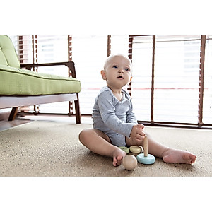 PlanToys Wooden Stacking Rings Baby Toy - Sustainably Made from Rubberwood Featuring Organic-Pigment Coloring and Water-Based Dyes with Collapsible Central Rod for Safety