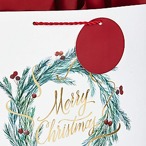 Hallmark 13" Large Christmas Gift Bag Assortment with Tissue Paper (3 Bags: "Merry Christmas" Wreath, Gold Joy, Snowy Red Barn) Red, White, Gold Foil