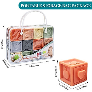 Kingtree Baby Blocks (Set of 12), Soft Silicone Building Blocks Squeeze Stacking Toys for 6+ Months Babies, Colorful Early Educational Puzzle Toy for Toddlers with Numbers Animals Shapes Textures