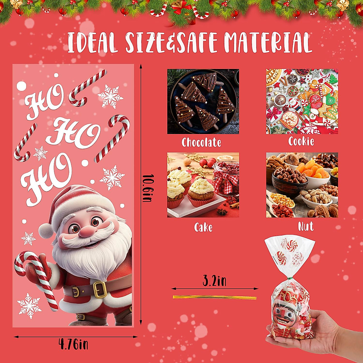 LOKIPA 120PCS Christmas Cellophane Treat Bags, 4 Styles Christmas Cello Candy Goody Bags Clear Christmas bags with 150 Twist Ties for Christmas Party Supplies