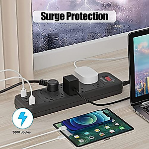 Power Strip, HITRENDS Surge Protector with 10 Outlets and 3 USB Ports (5V/2.4A) & 1 USB-C Port (5V/3A), 1875W/15A, 3600 Joules, Flat Plug, Spaced Outlets with 6ft Extension Cord for Home Office