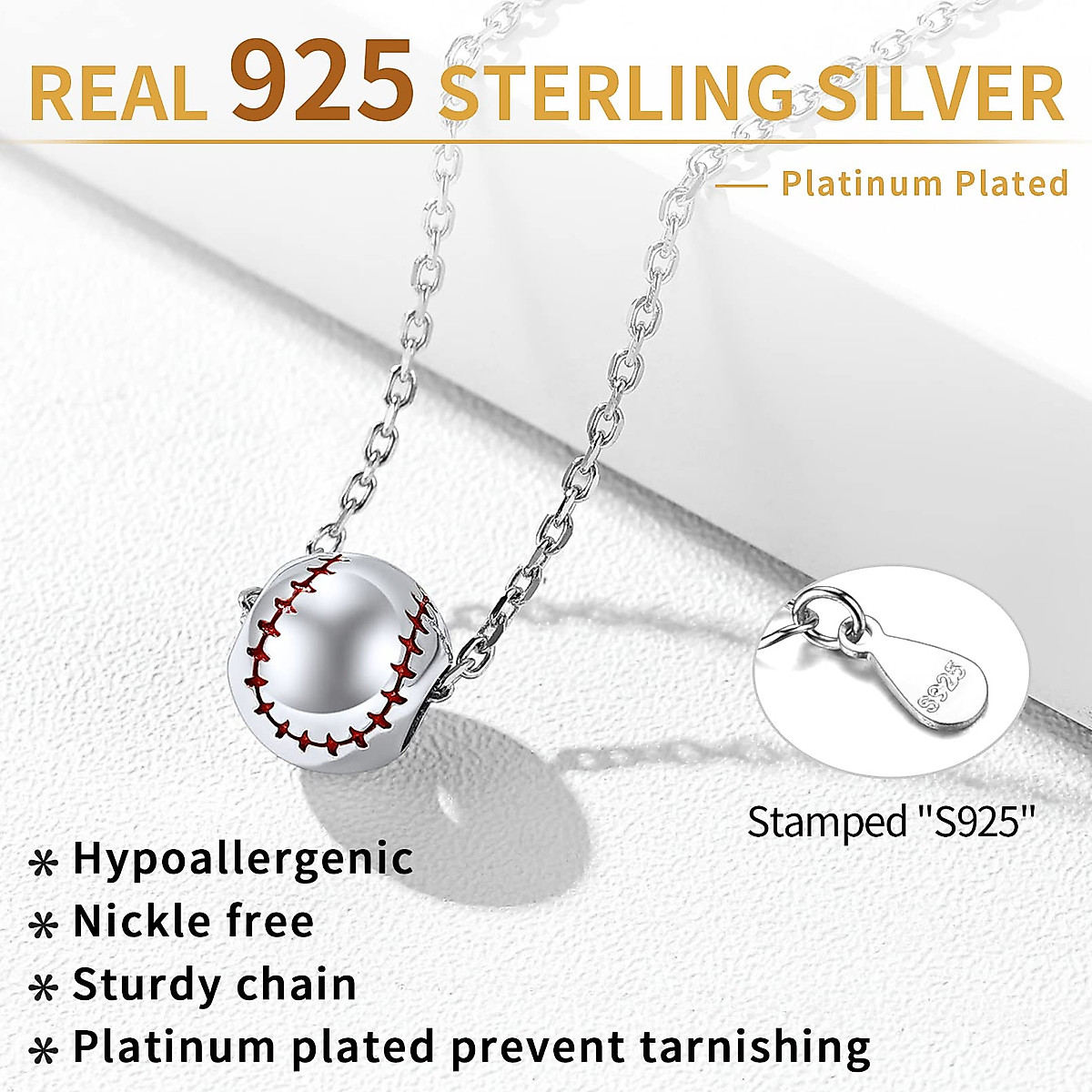 Baseball Necklaces for Women Men 925 Sterling Silver Baseball Pendant with 18 Inches Chain Sports Jewelry for Baseball Lover