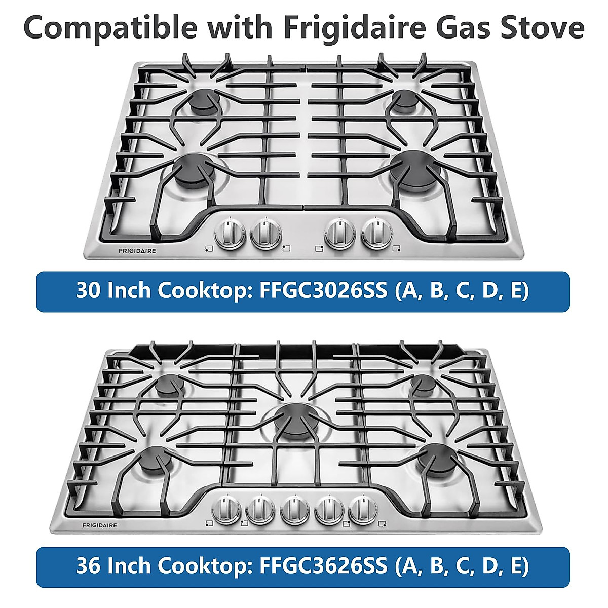 Upgraded A03546301/02/03 5304525746 5304504839 Gas Cooktop Knobs for Frigidaire Stove, Laser Engraving Sign Knob for Frigidaire Cooktop FFGC3026SS FFGC3626SS (Long Stem, Size:2.24IN, Material:ABS749)