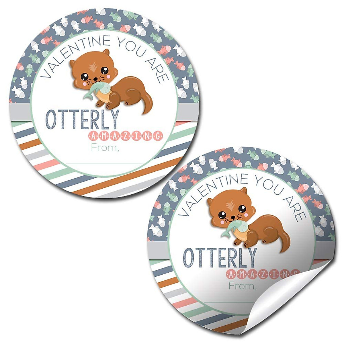 Adorable Otter Otterly Amazing Valentine Party Favor Sticker Labels for Girls, 40 2" Party Circle Stickers by AmandaCreation, Great for Classroom Valentines, Envelope Seals, Gifts & Treats
