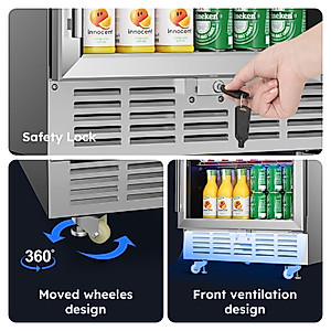 Outdoor Refrigerator, Stainless Outdoor Fridge for Outdoor Kitchen and Patio, Built-in/Freestanding 24 Inch Undercounter Refrigerators with Wheels, 190 Cans Outdoor Beverage Refrigerator Lockable