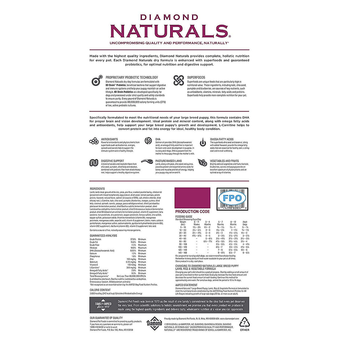 Diamond Naturals Large Breed Dry Puppy Food Real Lamb and Rice Protein, Probiotics, Superfoods, Antioxidants and Other Premium Ingredients to Support Health in Growing Puppies 20lb